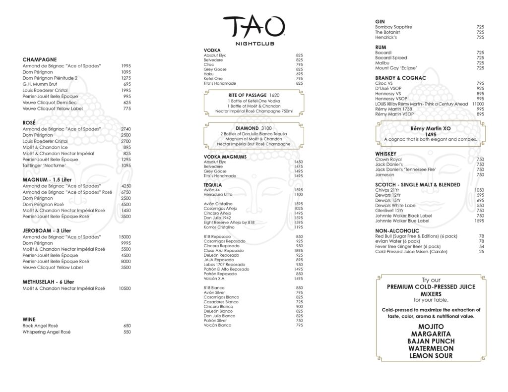Tao Nightclub Bottle Service Pricing, Menu & VIP Reservations